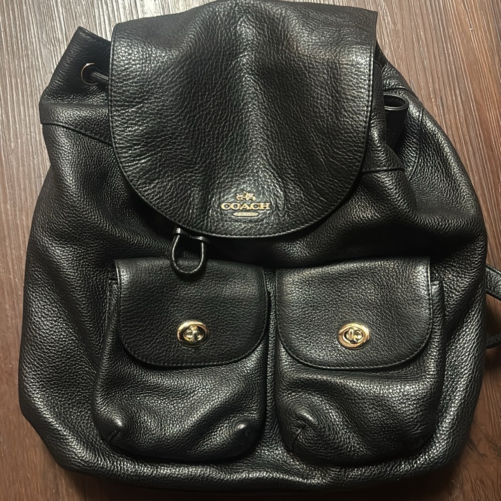 Coach Billie Leather Backpack In Black With Gold Trim - Gem